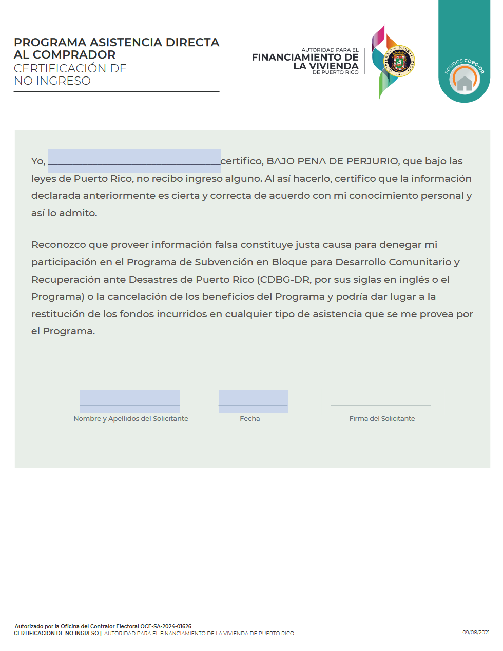 Programa de Asistencia Directa al Comprador - Recuperación Fondos CDBG-DR/MIT